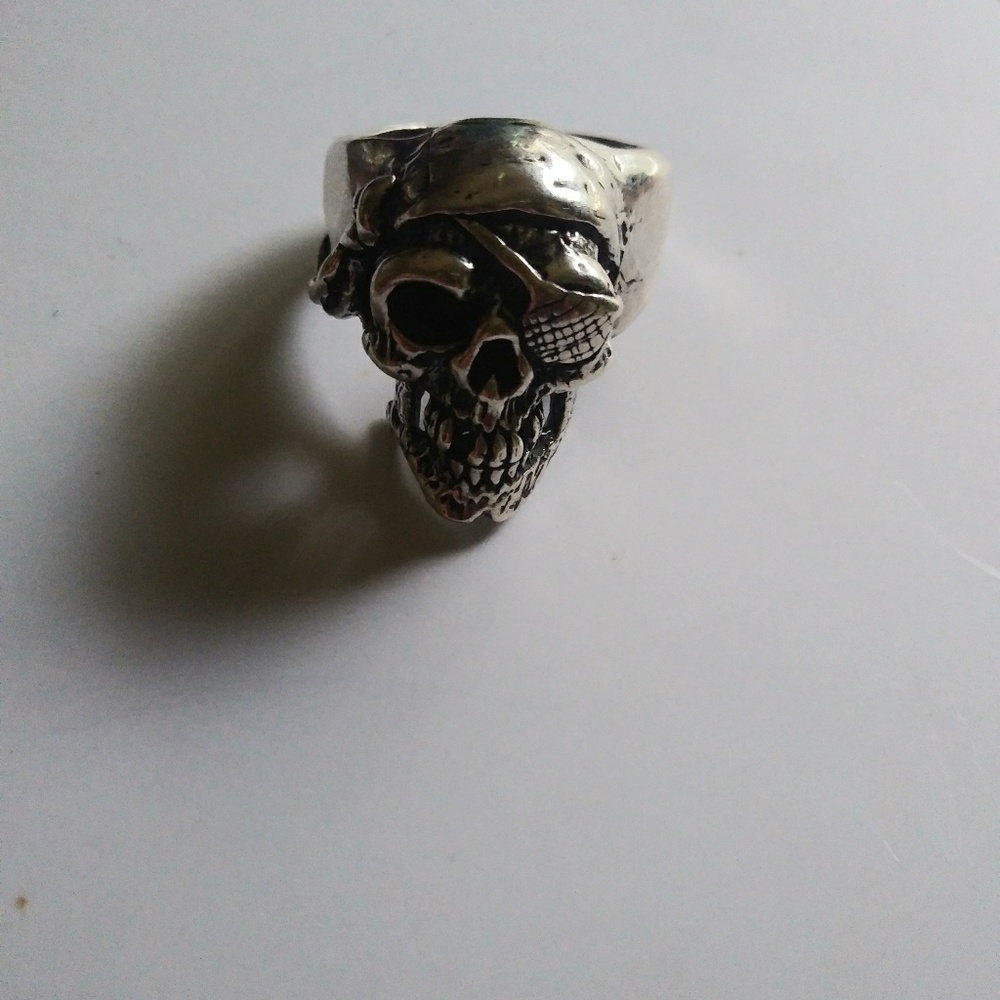 Sterling Silver Pirate Skull Ring Mens Biker Ring - Gem